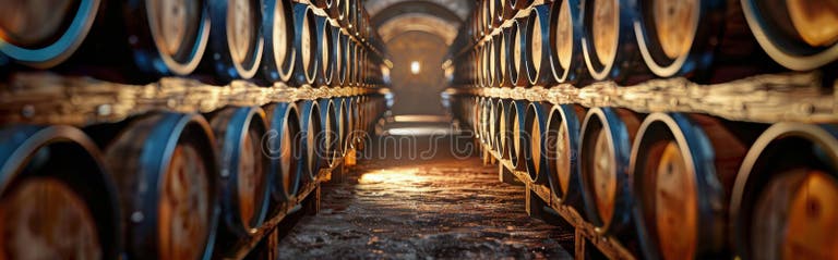 Rows of Wine Barrels in a Dark Cellar Stock Photo - Image of view ...