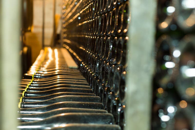 Rows of Wine Bottles in Winery Stock Photo - Image of processing ...