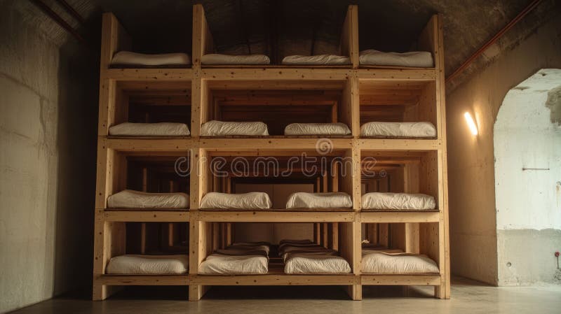 Wooden Bunk Beds Inside a Concrete Nuclear Bunker or Shelter Stock ...