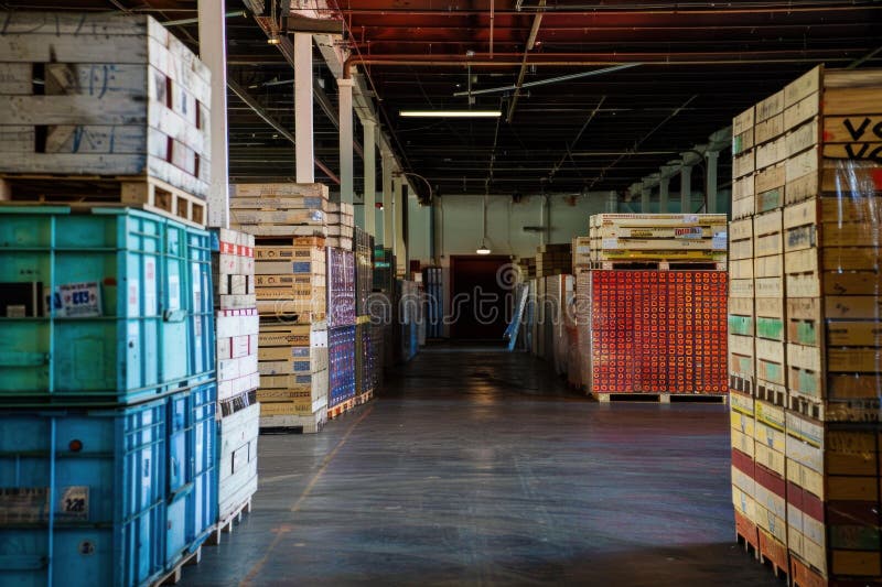 Rows of Wooden Crates Stacked on Pallets in Distribution Warehouse ...
