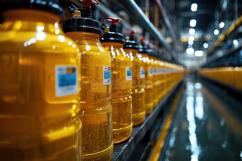 Rows of Yellow Containers with Clear Liquid in a Factory Setting Stock ...