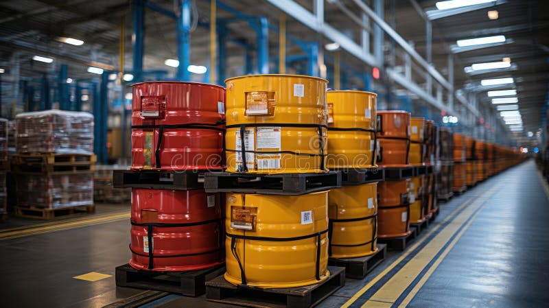 Rows of Yellow and Red Steel Barrels on Pallets in Warehouse Stock ...