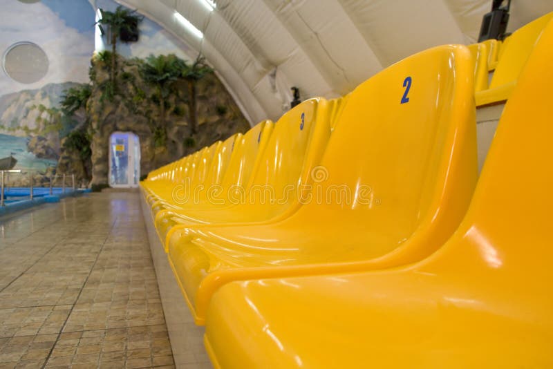Rows of yellow seats stock image. Image of auditorium - 14387327