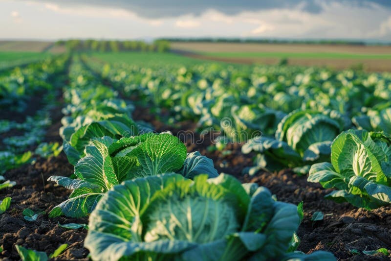Rows of Young Cabbage Growing on Farm Field Stock Illustration ...