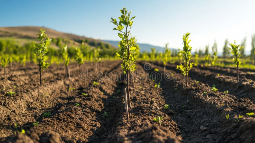 Rows of Young Saplings Planted in Soil Stock Illustration ...