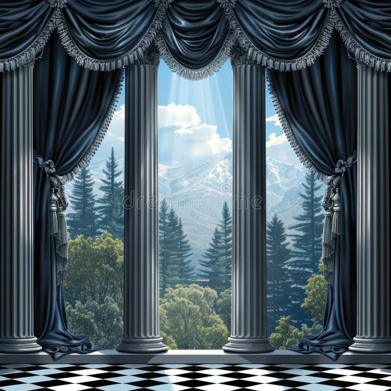 Royal Ballroom Interior with Columns and Window with Blue Curtain Stock ...