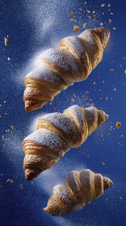 A Royal Blue Background with Buttery Croissants Exploding in Mid-air ...