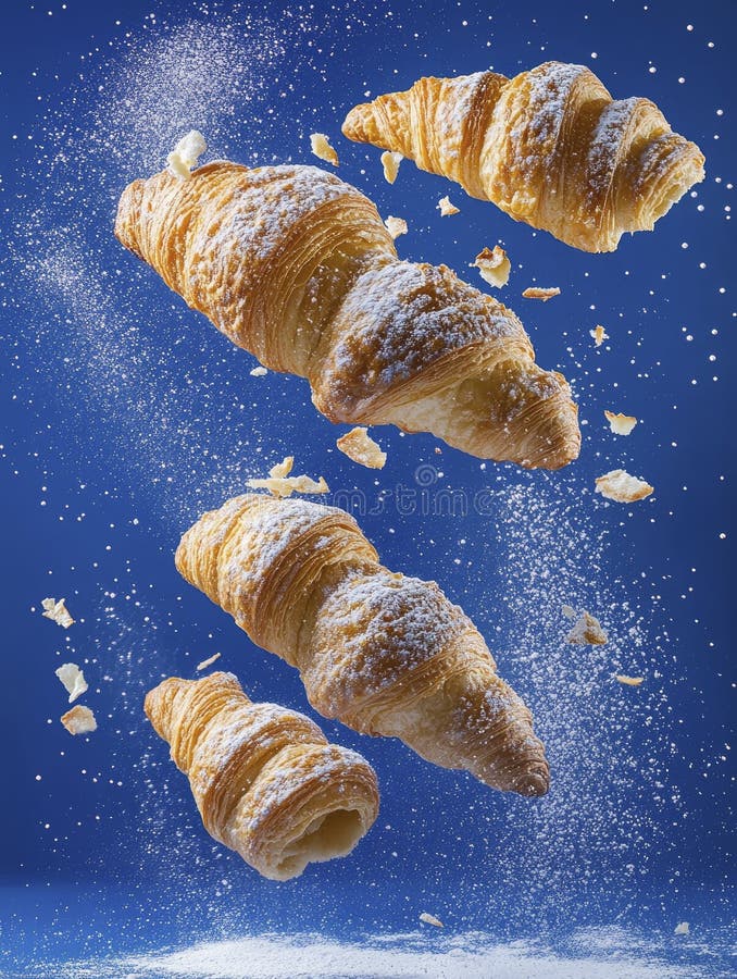 A Royal Blue Background with Buttery Croissants Exploding in Mid-air ...
