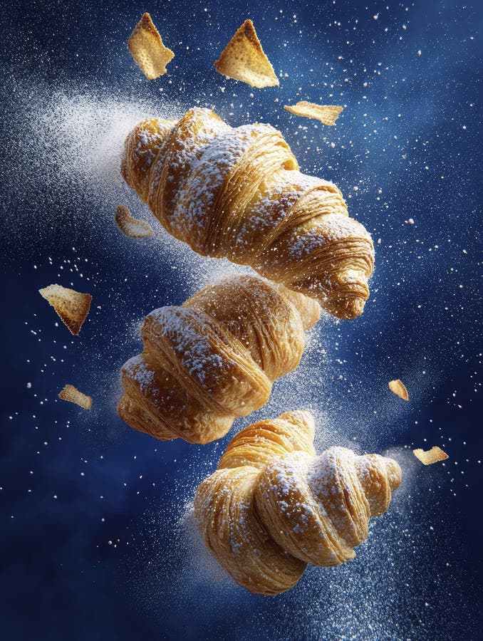 A Royal Blue Background with Buttery Croissants Exploding in Mid-air ...