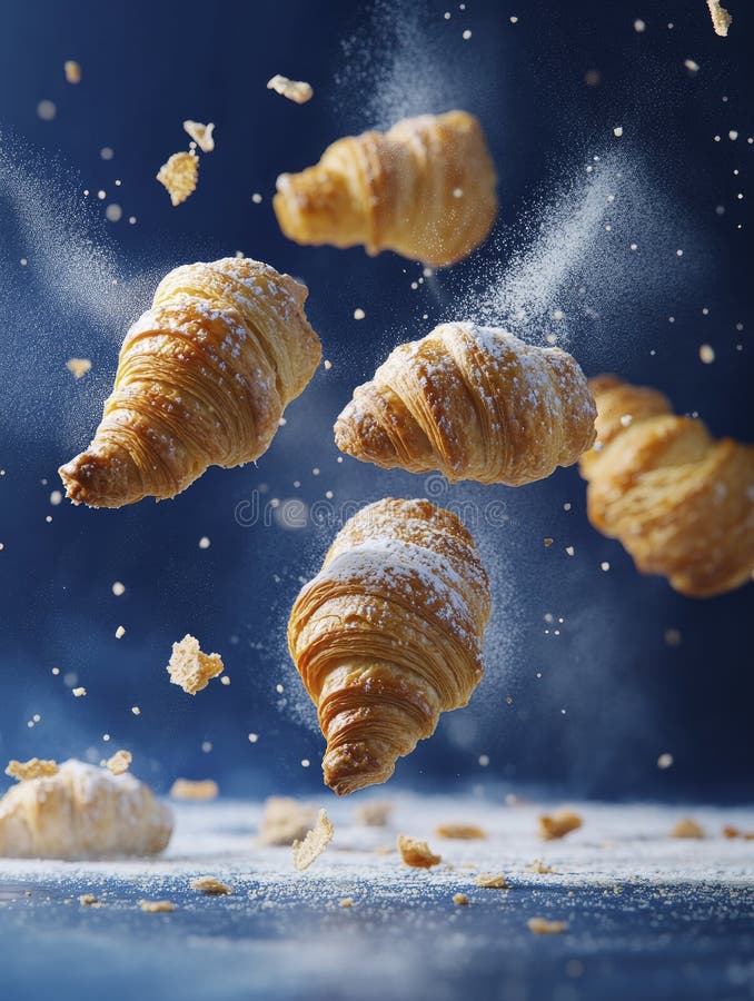 A Royal Blue Background with Buttery Croissants Exploding in Mid-air ...