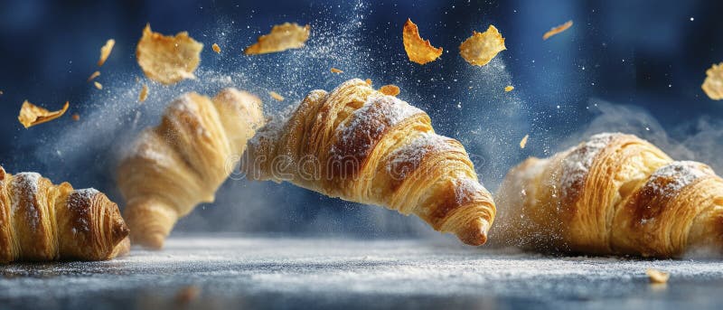 A Royal Blue Background with Buttery Croissants Exploding in Mid-air ...