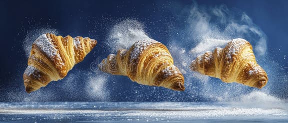 A Royal Blue Background with Buttery Croissants Exploding in Mid-air ...