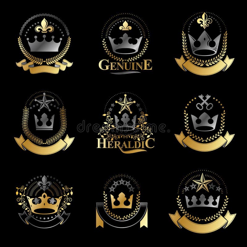 Royal Crowns Emblems Set. Heraldic Coat of Arms Decorative Logos Stock ...