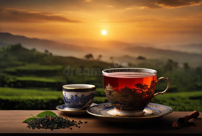 Royal Cup of Green Tea with Green Tea Farming Background Stock ...