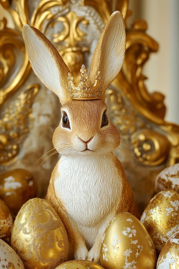 A Royal Easter Bunny Wearing a Small Golden Crown, Seated Elegantly ...