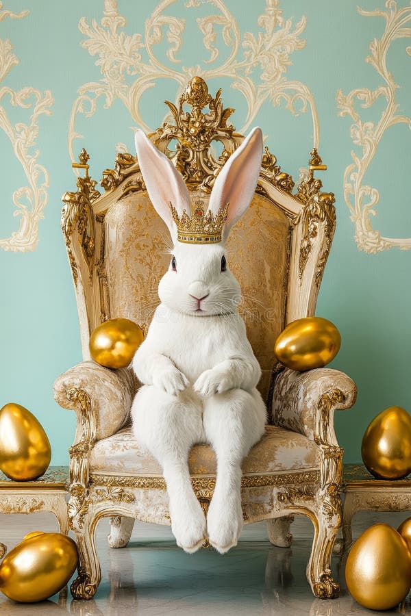 A Royal Easter Bunny Wearing a Small Golden Crown, Seated Elegantly ...