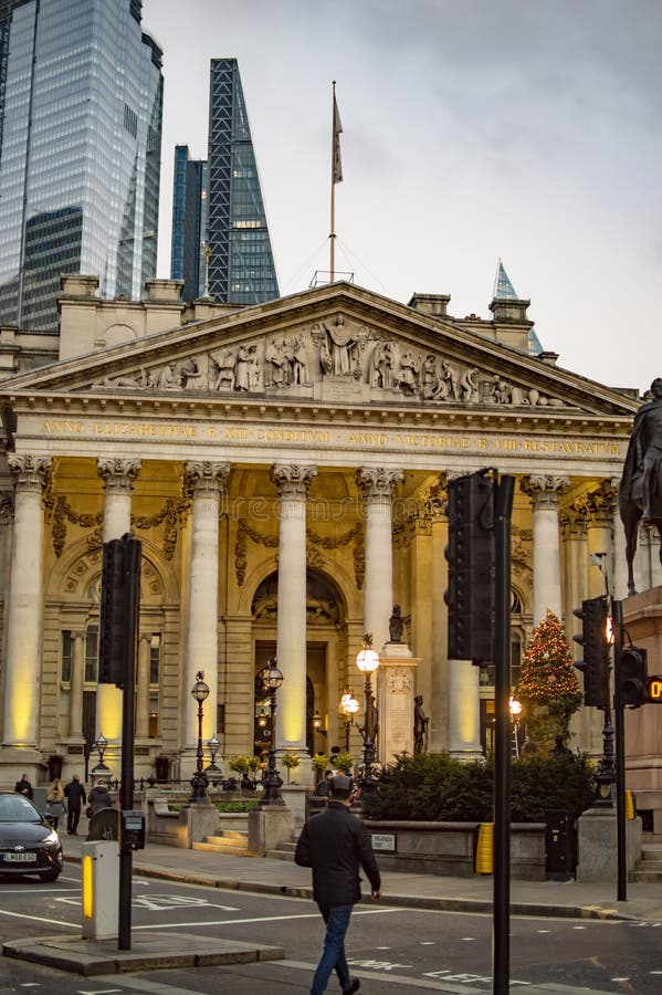 Royal Exchange Building during Evening Times with Lights in London ...