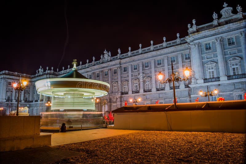 Royal Palace from Madrid with Carousel Stock Photo - Image of fair ...