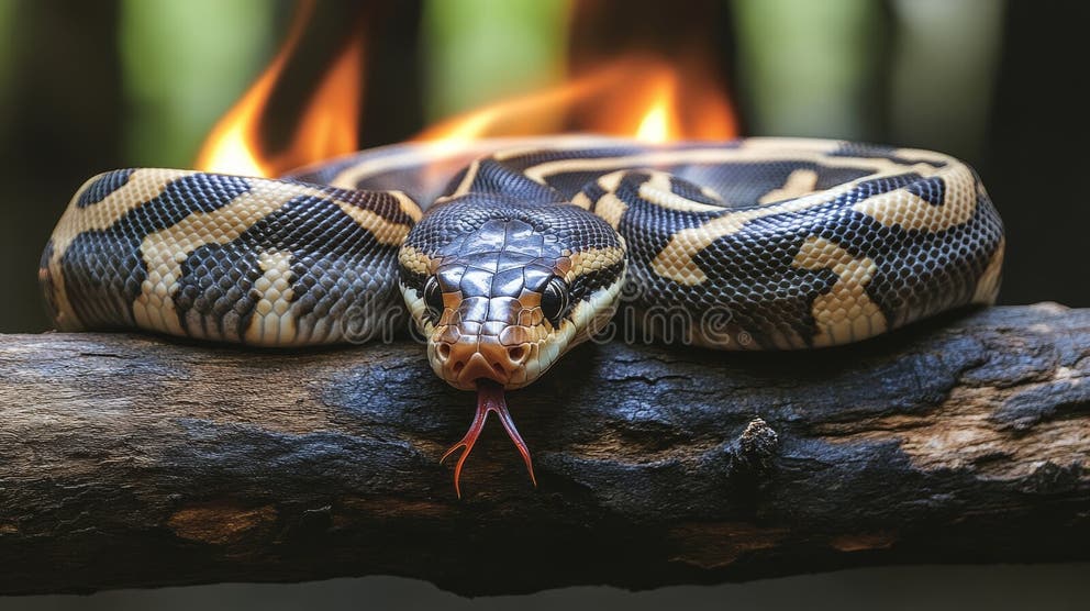 Royal Python Amidst Flames Reptile Enduring Burning Branchs Heat, a Captivating Visual. Stock ...