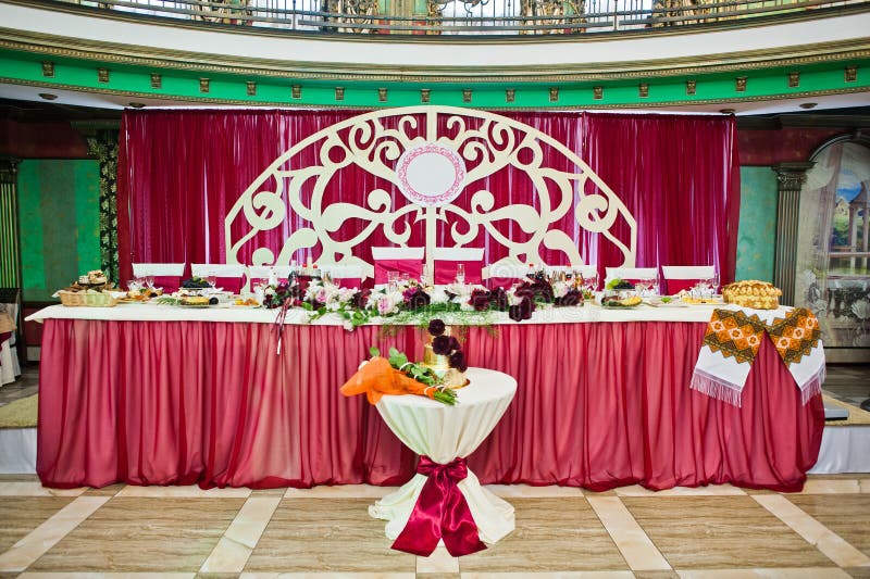 Royal Red Wedding Table of Newlyweds at Wedding Restaurant. Stock Image ...