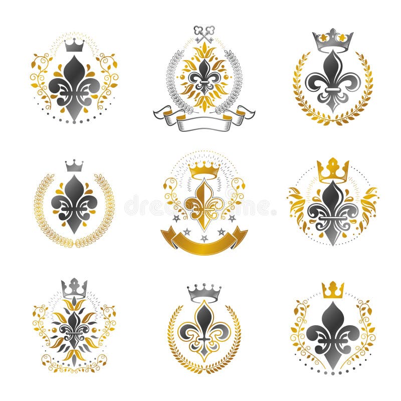 Royal Symbols Lily Flowers Emblems Set. Heraldic Vector Design E Stock ...