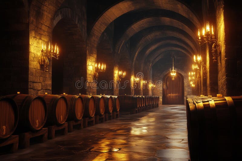 A Grand Royal Wine Cellar with Flickering Torches and Rows of Oak ...