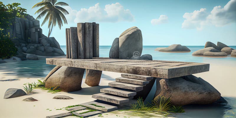 Royden Stone Platform in Tropical Beach for Product Presentation Stock ...