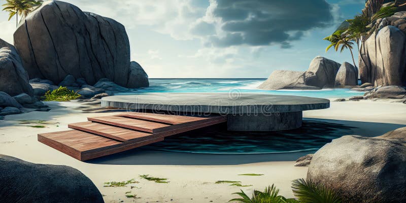 Royden Stone Platform in Tropical Beach for Product Presentation Stock ...