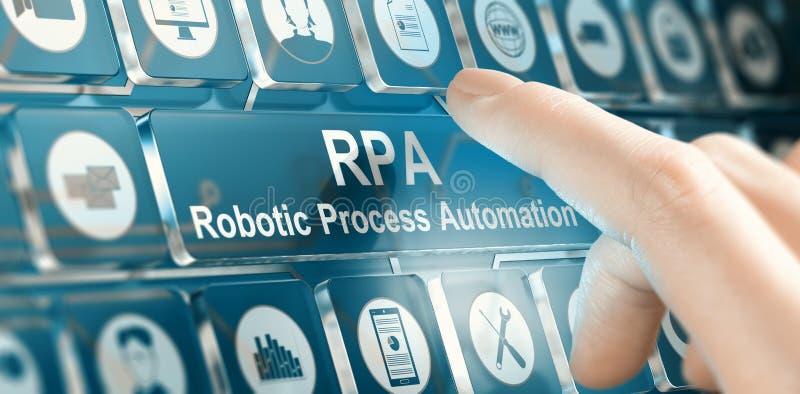 RPA Robotic Process Automation Innovation Technology Concept on Virtual Screen. Robotic Hand ...
