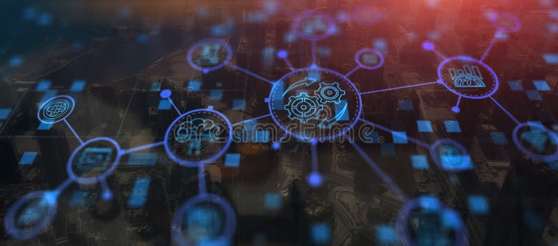 RPA. Robotic Process Automation on Modern City Abstract Background ...