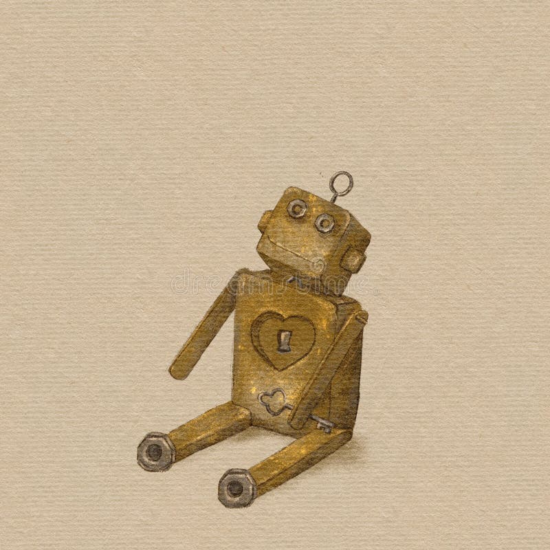 Drawing of a Cute Vintage Rusty Scuffed Robot on Textured Paper on a ...