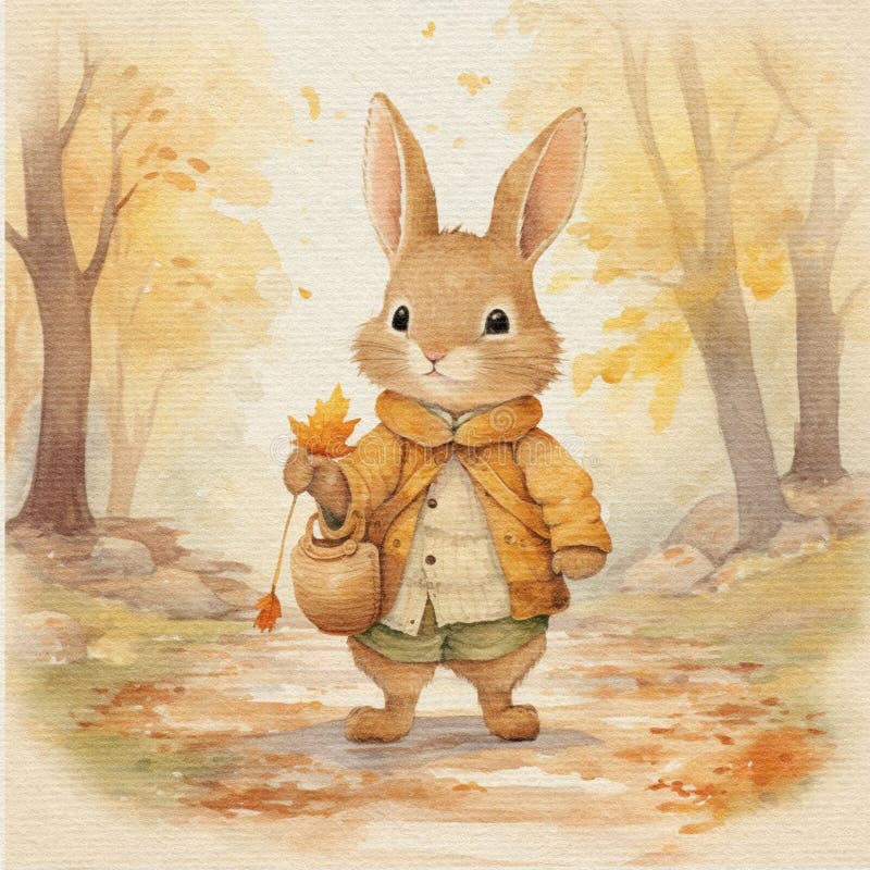 Watercolor Drawing of a Rabbit in Autumn, Thanksgiving Day Card, Autumn ...