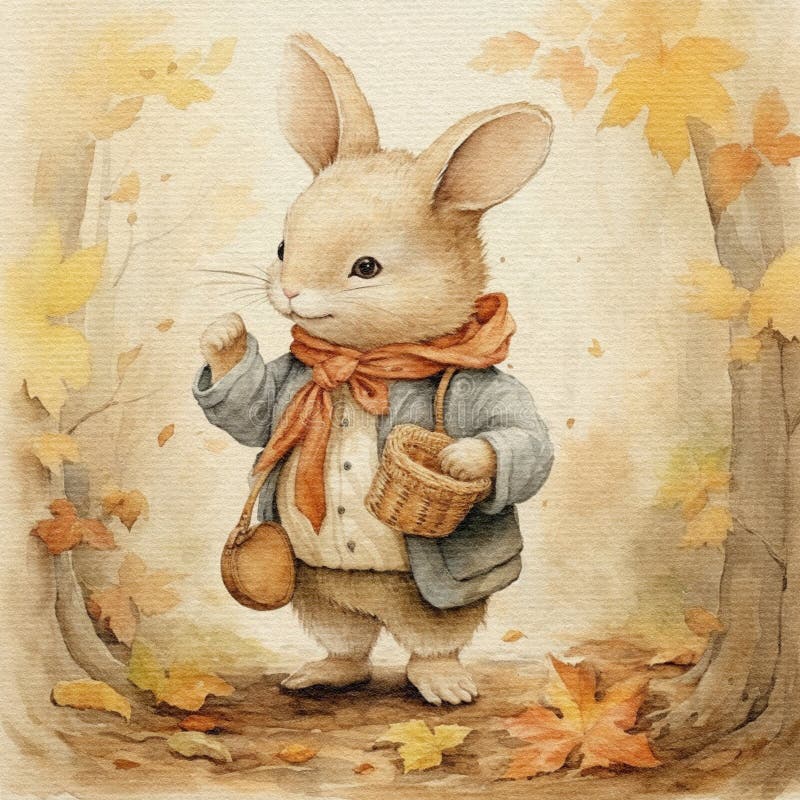 Watercolor Drawing of a Rabbit in Autumn, Thanksgiving Day Card, Autumn ...
