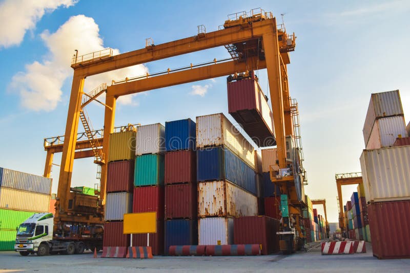 RTG Lift on Container from from Truck To Stack in Container Yard. Stock ...