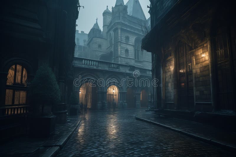 Rua Noturna Medieval Londres. Gerar Ai Ilustração Stock - Ilustração de ...