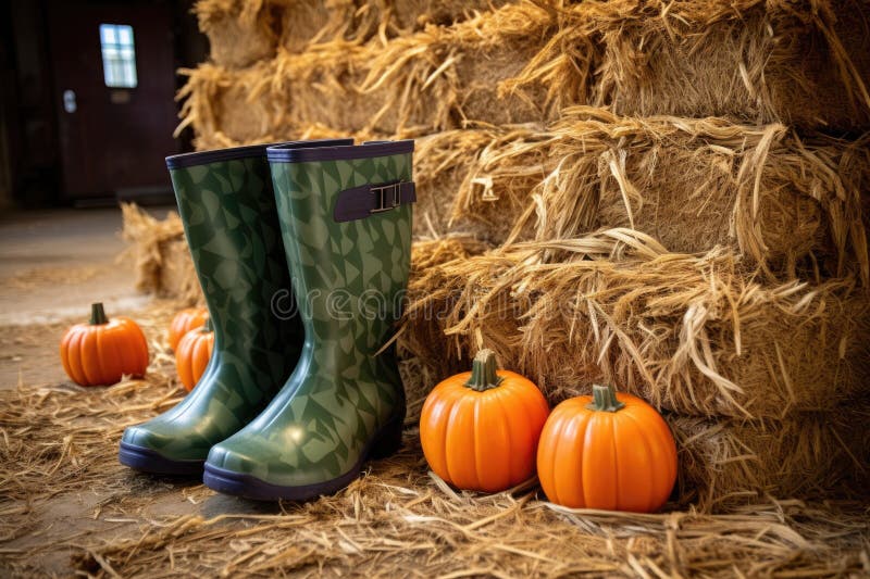 Rubber Boots Filled with Leaves Standing by a Pumpkin on a Hay Bale ...