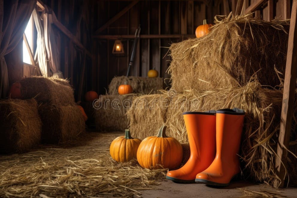 Rubber Boots Next To a Pumpkin on a Haystack in a Barn Stock ...