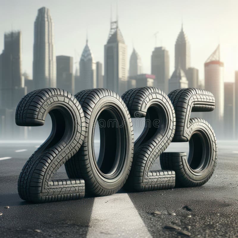 Rubber Car Wheels in the Form of 2025 Numbers on the Asphalt and Street ...