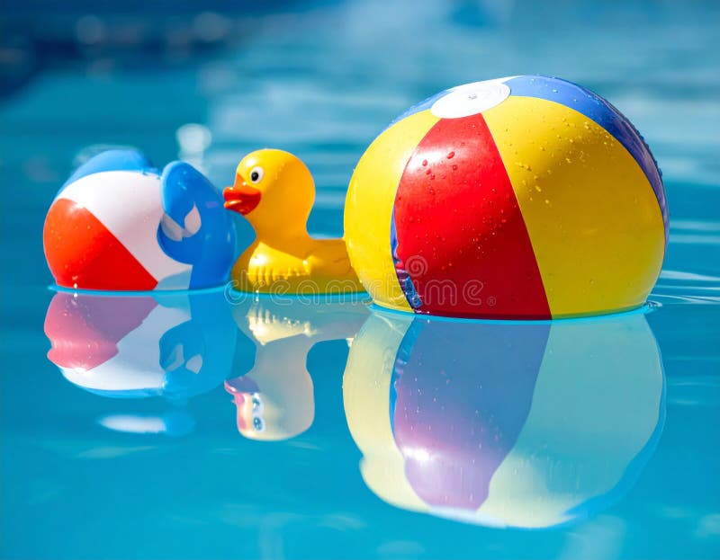 Rubber Duck and Beach Ball Floating Peacefully in Clear Blue Swimming ...