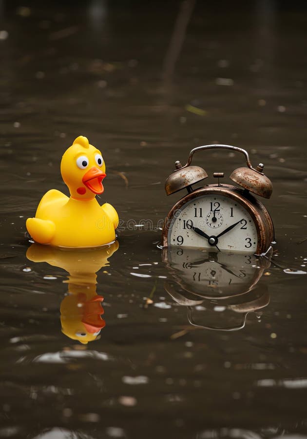 Rubber Duck and Clock Floating in Water Stock Illustration ...