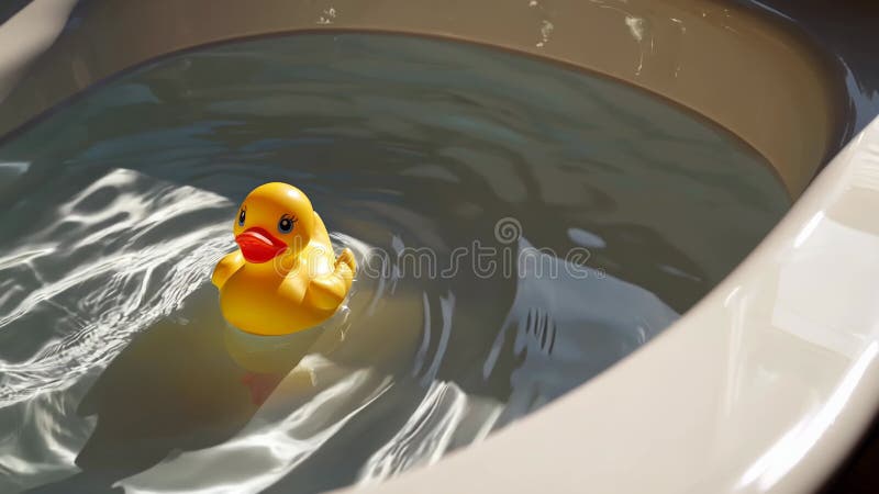 Yellow Rubber Duck Leisurely Floating on Calm Water Surface, Gently ...