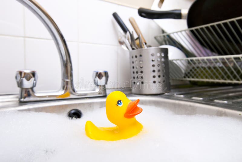 Rubber Duck in Kitchen Sink Stock Image - Image of washing, closeup ...