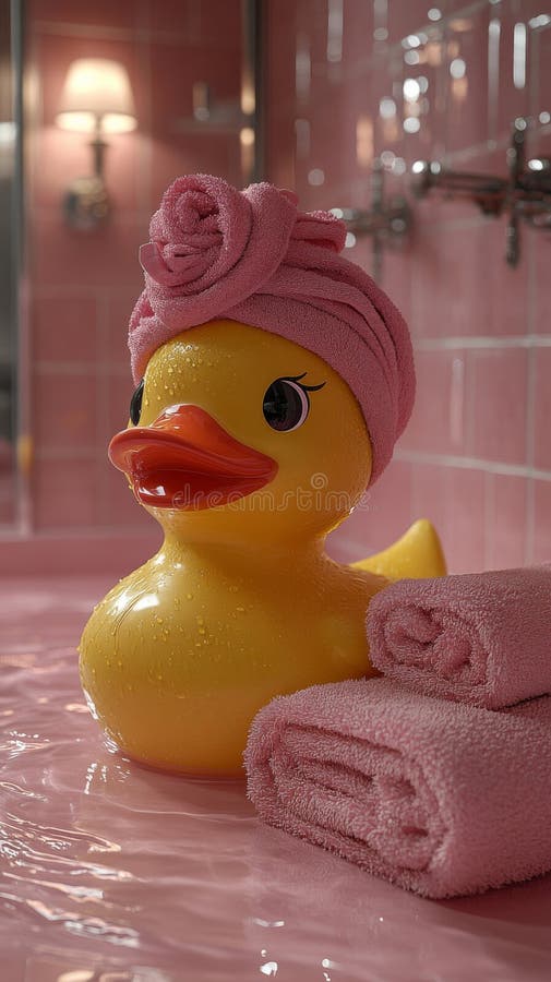 Rubber Duck in Pink Bathroom with Towels, Cute Bath Time Concept Stock ...