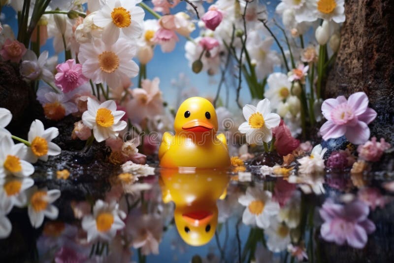 A Rubber Duck in a Puddle, Surrounded by Spring Flowers Stock Image ...
