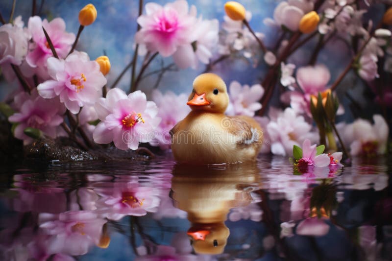 A Rubber Duck in a Puddle, Surrounded by Spring Flowers Stock ...