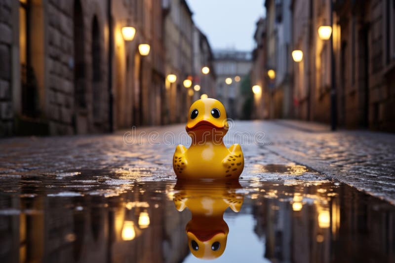 A Rubber Duck Reflected in a Puddle on a Cobblestone Street Stock Image ...