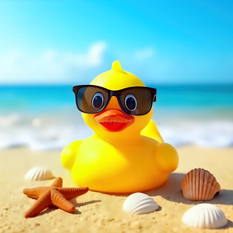 Rubber Duck in Sunglasses on Beach with Starfish, Shells Stock ...