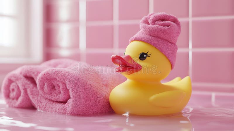 Rubber Duck with Towel in Pink Bathroom Stock Photo - Image of fluffy ...