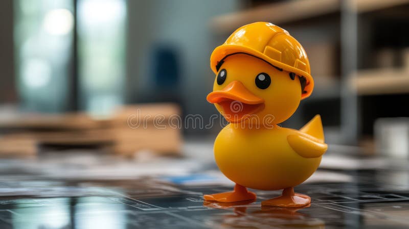 A Rubber Duck Wearing a Construction Helmet on a Table Stock Photo ...