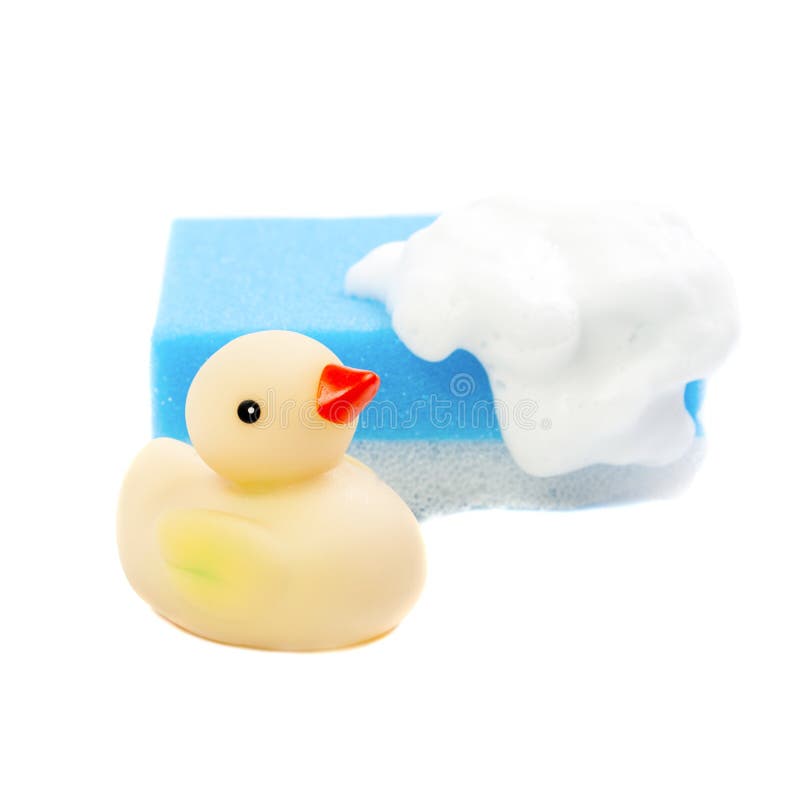 A Rubber Ducky and Cyan Bath Sponge Stock Image - Image of foam, beak ...